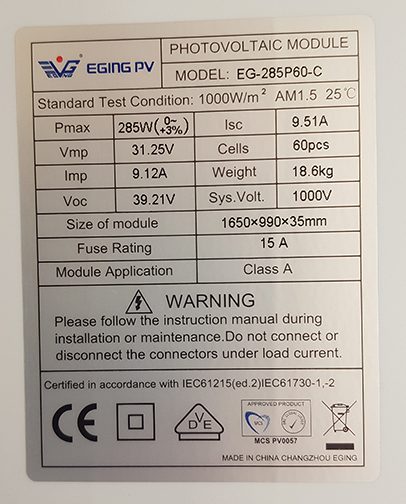 specification-285w-solar-PV-module-1650x990mm - Voltacon Solar Blog